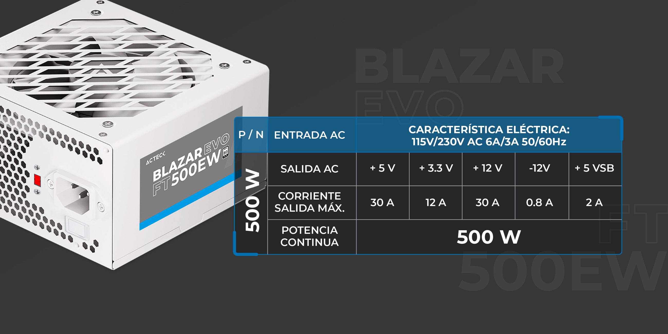 Fuente de Poder ATX 500W | Blazar Evo FT500E | Negro