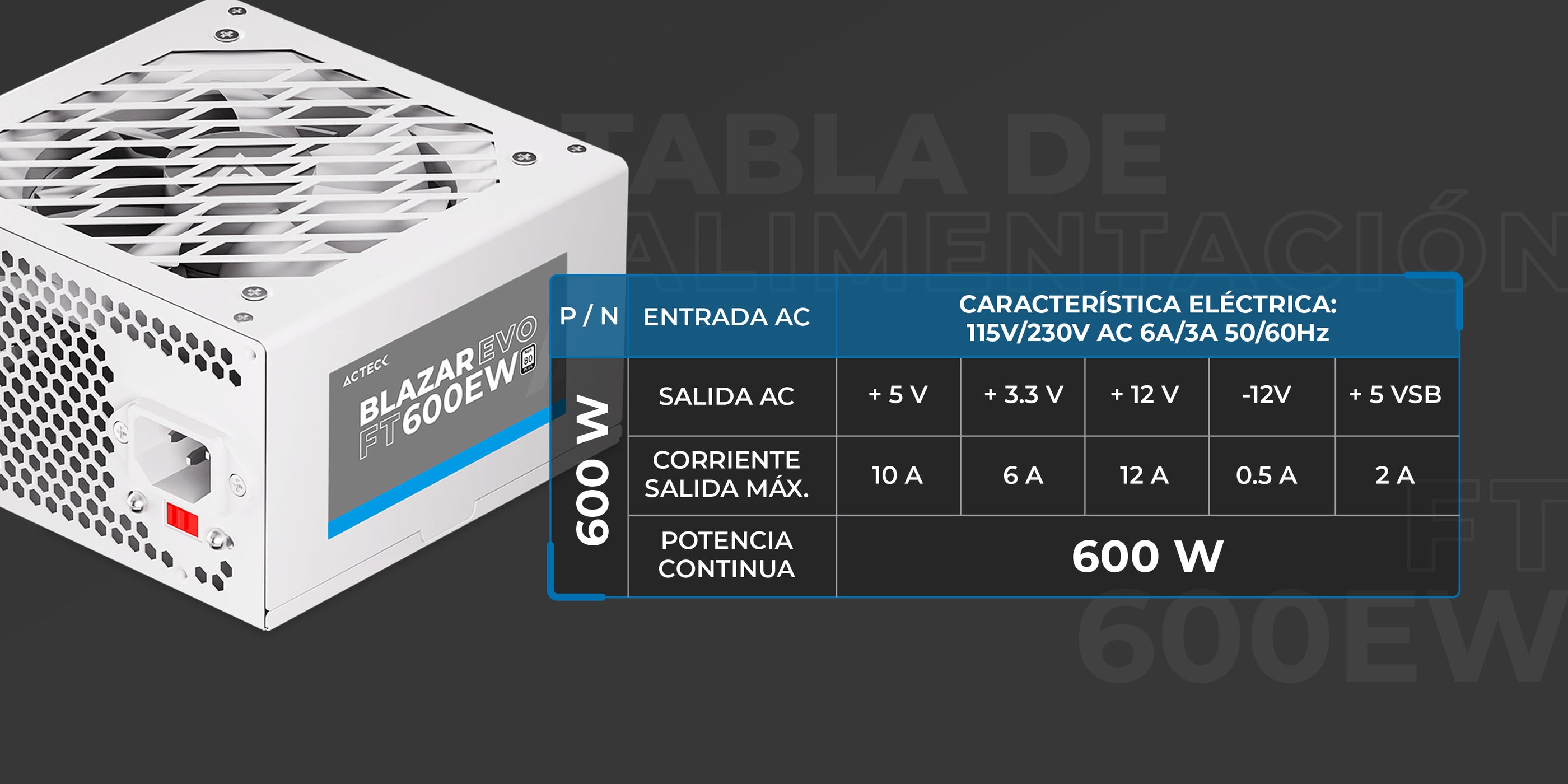 Fuente de Poder ATX 600W | Blazar Evo FT600E | Negro